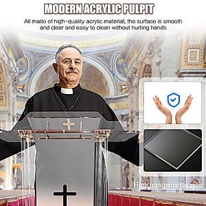 deenkk Cross Acrylic Pulpits for Churches, Clear Church Podium with 16 Colors Led Lights & Wheels, 46” Acrylic Podium with Incline Reading Platform for Church Wedding Concert Speech Classroom