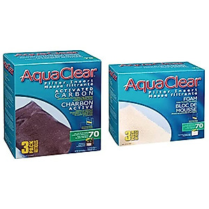 AquaClear 70 Filter Media for Aquariums up to 70 Gallons, 3-Pack Activated Carbon Inserts and 3-Pack Foam Inserts, Replacement Filter Media