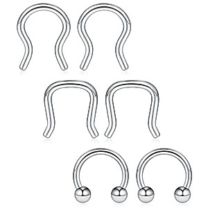 Ruifan 316L Surgical Steel U-Shaped & Horseshoe Nose Septum Hanger Retainer Nose Hoop Cartilage Tragus Rings 14g 6PCS - Silver