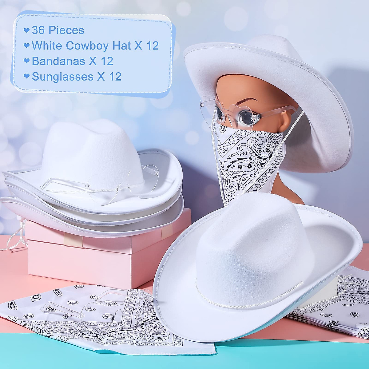 36 Pieces Adult Cowboy Hat with Bandanna Heart Sunglasses Unisex Felt Cowboy Hat Men Women Western Party Hat Cowboy Costume (White)