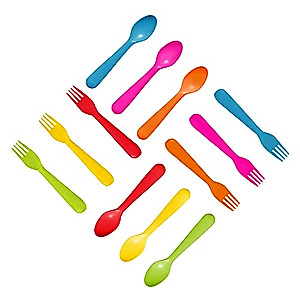 PLASKIDY Plastic Toddler Utensils Set of 12 Kids Utensils Forks and Spoons - BPA FREE/Dishwasher Safe Toddlers Silverware Set Brightly Colored Children's Safe Flatware Cutlery Set