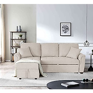Melpomene Upholstered Sectional Sofa Couch, Convertible Pull Out Bed Sleeper Sofa with Storage 3 Seater L Shaped Couch with 2 Pillows,Linen Fabric Corner Sofa for Living Room(Beige)