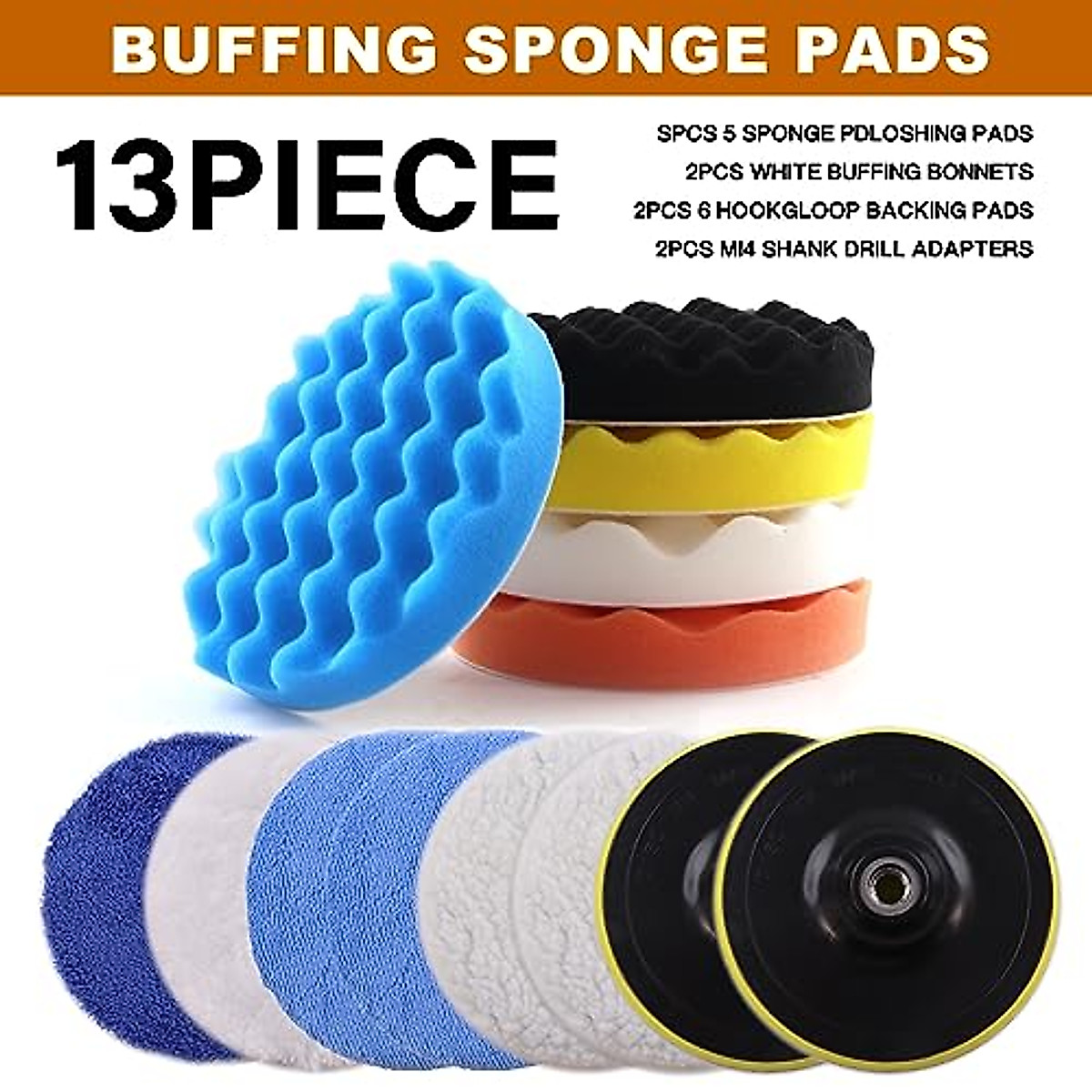 MAXMAN 15 pcs 6 Inch Buffing Pads Foam Polishing Pad Wax Buffer Polish Pads Includes Fiber Pad 5/8-11 Thread Backing Pads Polisher Drill Attachment for Car Detailing
