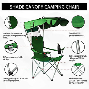Camping Chairs with Canopy, Portable Quad Lawn Chair for Adults, Folding Recliner Chair with Shade and Cup Holder Outdoor Events,Support 350 LBS… Green