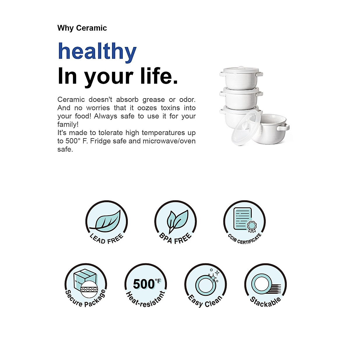 LE TAUCI Soup Bowls with Handles and Silicone Lids, 28 oz Ceramic French Onion Soup Bowls, Oven & Microwave Safe Ramen Cooker for Cereal, Chilli and Stew Beef, Non-Toxic Soup Crocks, Set of 4, White