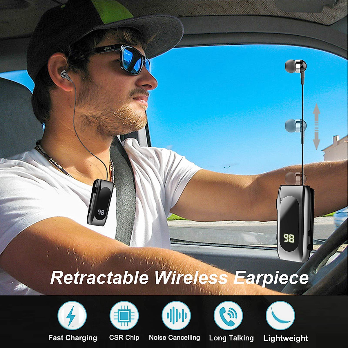 Retractable Wireless Headset Headphone Stereo Earphone V5.0 Noise Cancelling Mic Clip on Earpiece Comfortable HandsFree Headset 20Hrs Talking Time Sports Business Trucker Driver Earbud