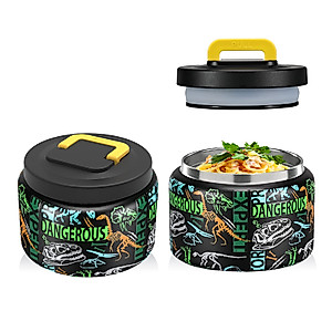 JXXM 8 Oz Thermo Food Jar for Hot & Cold Food for Kids, Insulated Lunch Containers Hot Food Jar,Leak-Proof Vacuum Stainless Steel Wide Mouth Lunch Soup thermo for School,Travel (Black-Dinosaur) 1pc
