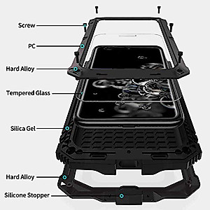 Simicoo Samsung Note 20 Ultra Metal Case with Screen Protector Military Rugged Heavy Duty Shockproof with Stand Camera Protector Full Cover case for Note 20 Ultra (Black)