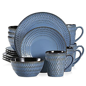 vancasso PLUVO Embossed Dinner Set, Stoneware Vintage Look Blue Dinnerware Tableware, 16 Pieces Dinner Service Set for 4, Include Dinner Plate, Dessert Plate, Cereal Bowl and Mug