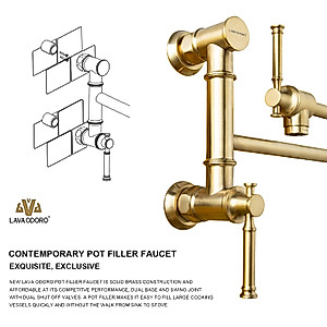 Lava Odoro Brushed Gold Pot Filler Faucet, Modern Brass Pot Filler Two-Attachment Wall Mount Folding Kitchen Pot Filler Swing Arm, PF312-SG