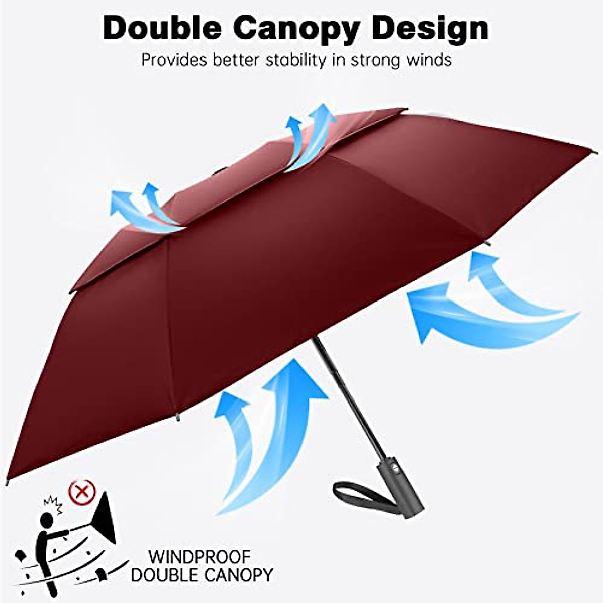 Vuteehy Windproof Umbrella, Travel Umbrella for Rain with 16 Ribs Double Canopy Vented, Waterproof Folding Umbrella with Inverted Design, Auto Open Close, Compact Rain Umbrella for Men and Women, Red