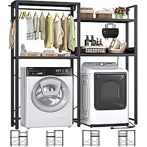 Aheaplus Over Washer and Dryer Shelves with Power Outlet, 4 Tiers Space Saver Laundry Room Storage and Organizer Standing Shelf, Metal Clothes Drying Rack with 1 Hanger Rod, 63" W x 77.2" H, Black