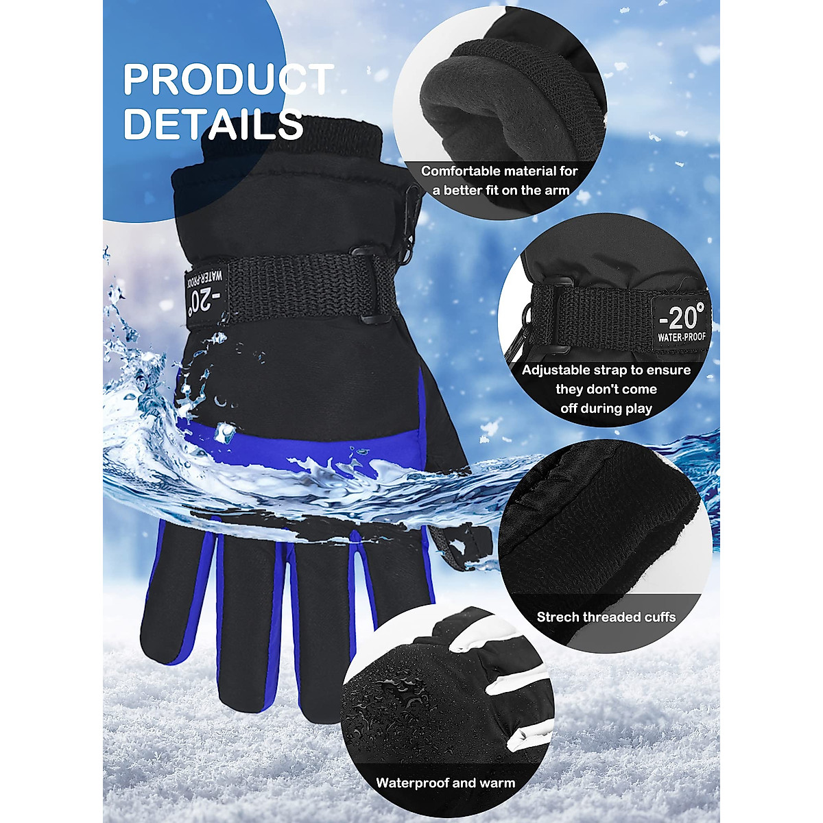 Eurzom 4 Pairs Kids Winter Ski Snow Gloves Waterproof and Windproof Adjustable Gloves for Kids, 4 Colors (Red, Blue, Bright Blue, Gray, 8-15 Years)