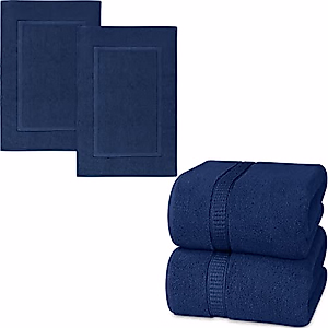 Utopia Towels Bundle Pack of 600 GSM Bath Sheet Set (2-Pack) and Banded Bath Mats (2-Pack) – 100% Ring-Spun Cotton – Highly Absorbent – Soft & Luxurious – Navy