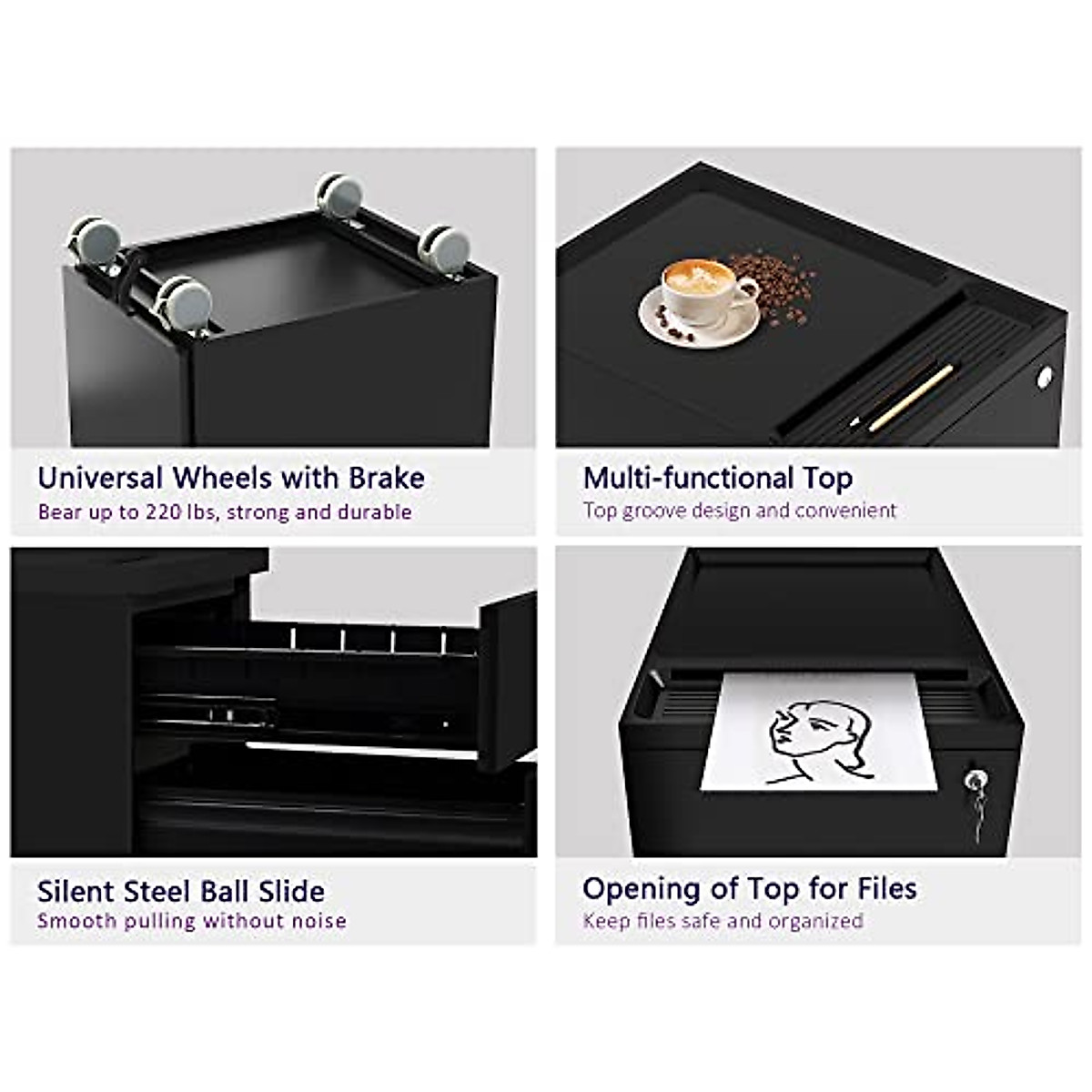 CuHome 2-Drawer Mobile Filing Cabinet with Lock and Casters, Fully Assembled, Vertical File Metal Cabinet for Home Office, Small Under Desk, Black