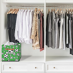 Sport Football Soccer Customs Cube Storage Bins with Name, Soccer Ball Personalized Storage Baskets for Organizing Toys, Shelves, Closet, Fabric Storage Boxes with Handles