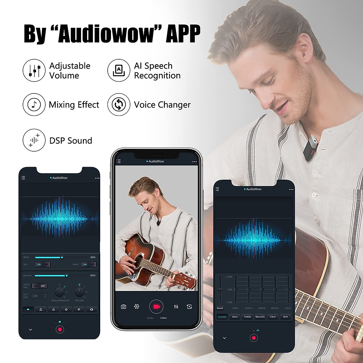 SabineTek AudioWow -Bluetooth Microphone Wireless Lapel Mic, Compact Wireless Clip -on Microphone,Bluetooth Lavalier Microphone for Smart Phone, Recording Video Vlogger, Sound Mixer,Remix Mic