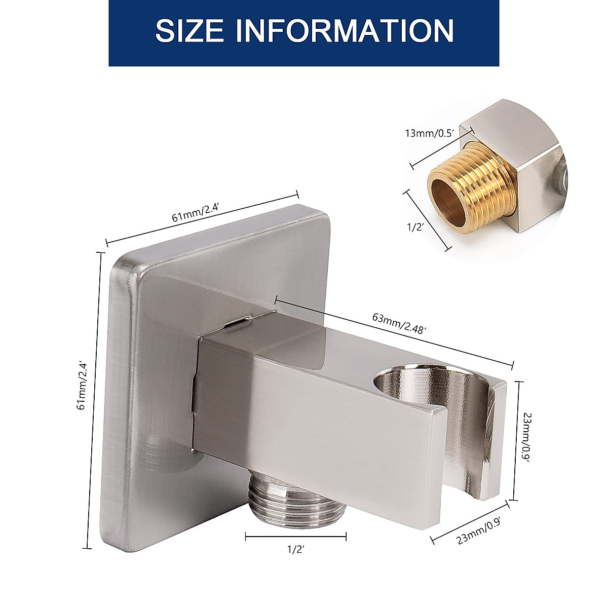 NearMoon Wall Supply Elbow with Handheld Shower Holder - Solid Brass Square Shower Bracket with Flange G1/2 Shower Hose Connector, Wall Mounted Drop Union Male Water Outlet (Brushed Nickel)