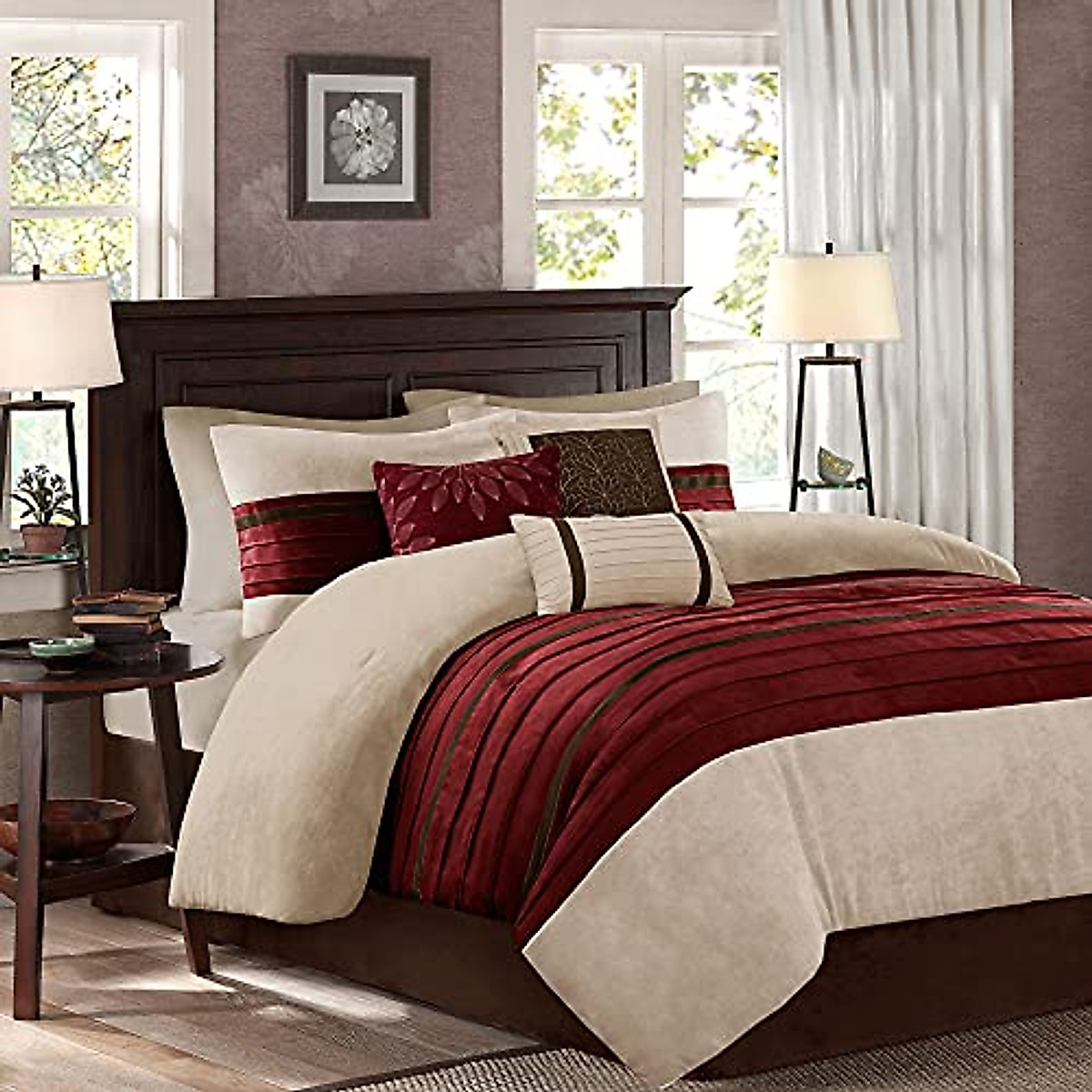 Madison Park Palmer Comforter Set-Luxury Faux Suede Design, Striped Accent, All Season Down Alternative Bedding, Matching Shams, Decorative Pillow, Bed Skirt, King (104 in x 92 in), Red 7 Piece