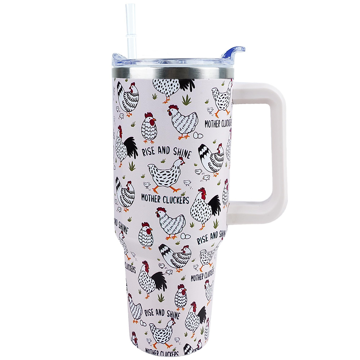 PERRIFIC 40 oz Tumbler with Handle and Straw Lid Leak Proof - Chicken and Rooster Design Coffee Travel Mug with Handle Insulated for Hot Cold Ice - Mother's Day Birthday Gifts for Women Mom Mother