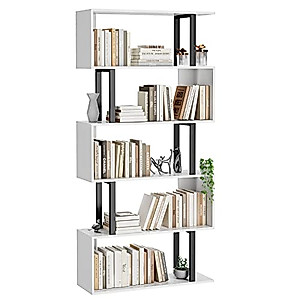 Gadroad 5 Tier Geometric Bookcase, Black and White Book Shelves, Modern Corner Bookcase Storage Shelf Wood for Living Room Home Office (White, 5 Tier)