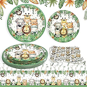 Safari Baby Shower Decorations Boy Plates Napkins and Tablecloth Set Serves 25,Jungle Animal Theme Birthday Party Supplies