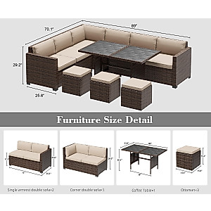 LHBcraft 7 Piece Patio Furniture Set, Outdoor Furniture Patio Sectional Sofa, All Weather PE Rattan Outdoor Sectional with Beige Cushions and Table, Brown Wicker (Brown),(OT002-GR/MS)