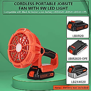 WaxPar Outdoor Fan For black decker Fan Cordless Jobsite Fan, USB Floor Fan Industrial fan with Light Compatible with black decker 14.4-20V Li-Ion Battery, Remote, 3 Modes, Timer