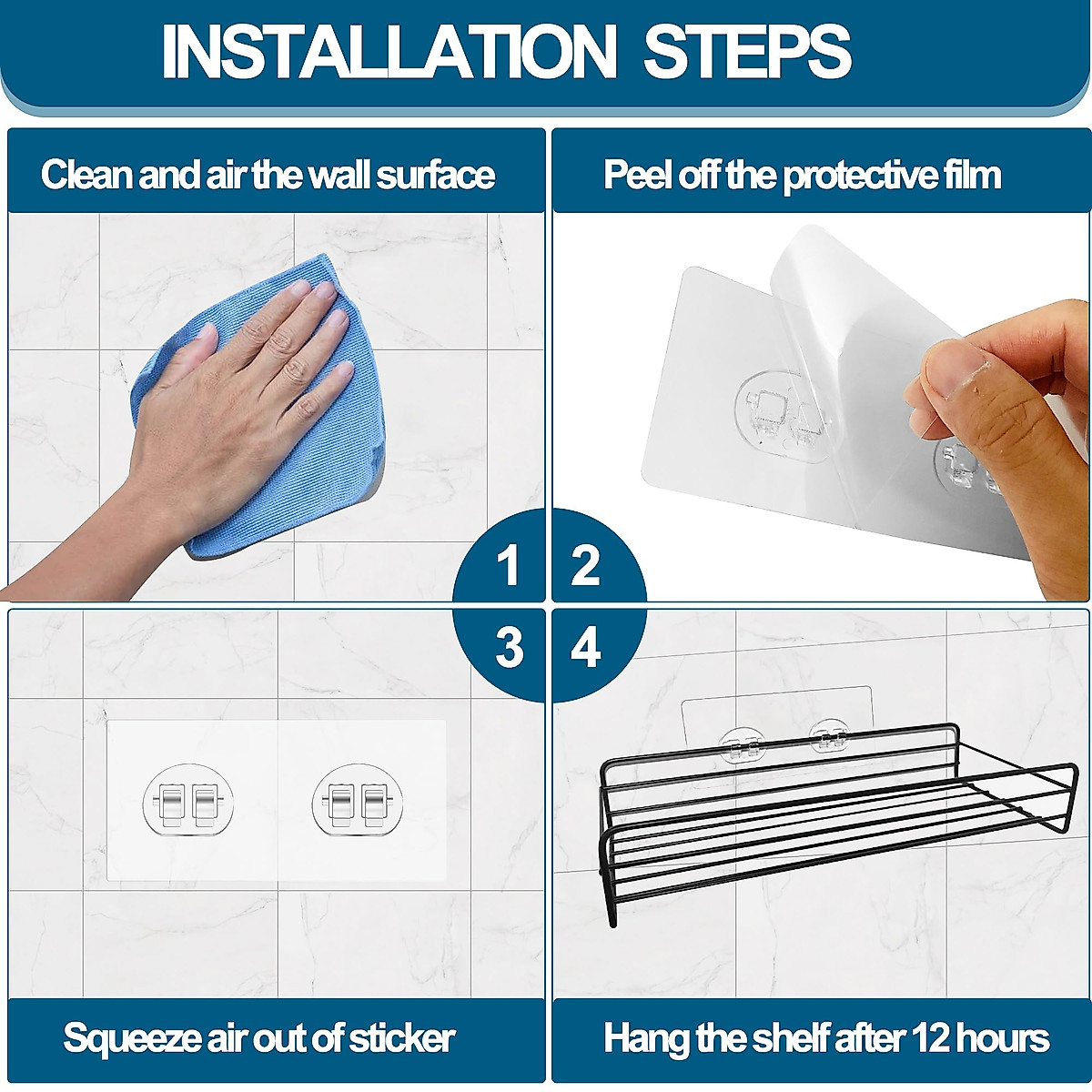 13 Pack Shower Caddy Adhesive Replacement, Shower Shelf Adhesive Replacement, Adhesive Shower Hooks, Strong Adhesive Wall Hooks Waterproof Adhesive Hooks for Shower Caddy, No Drilling