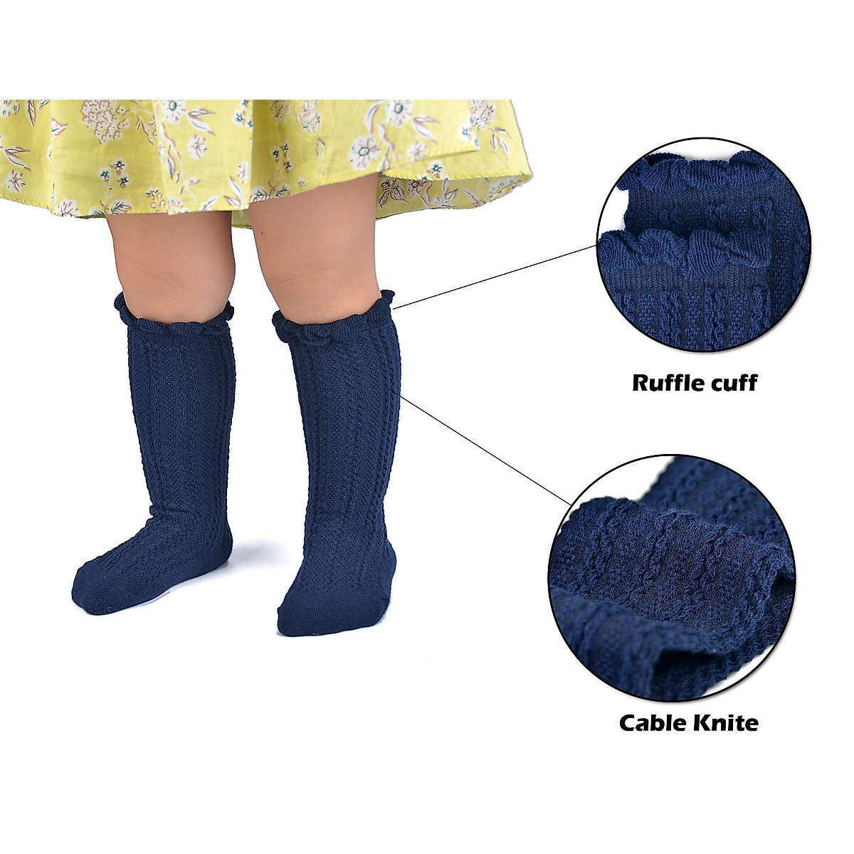 EPEIUS 5 Pairs Little Girls Cotton Uniform Knee High Socks Kids Boys Tube Ruffled Stockings for 6-8 Years,White/Grey/Navy/Yellow/Wine Red