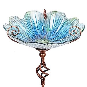 MUMTOP 31 Inch Height Glass Birdbath Birdfeeder with Metal Stake Garden Yard Outdoor Blue