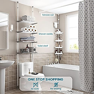 ALLZONE Rustproof Shower Caddy Corner for Bathroom,Bathtub Storage Organizer for Shampoo Accessories,4-Tier Adjustable Shelves with Tension Pole, 56 to 114 Inch, White