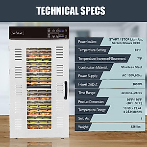 NutriChef Commercial Electric Food Dehydrator Machine | 20 Shelf Extra Large Capacity - Stainless Steel Trays | 2000-Watts, Digital Timer & Temperature Control | 18.11'' x 15.75'' x 31.89'' IN