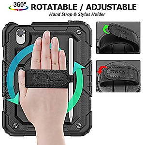 SEYMAC stock iPad Mini 6 Case 8.3’’ 2021 with Screen Protector Pencil Holder [360 Rotating Hand Strap] &Stand, Drop-Proof Case for iPad Mini 6th Generation 8.3'', Black