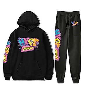 WAWNI The Hype House Hoodies Set Men Women Hoodie Pants Two-Piece Sweatshirt Suit (Black,XL)