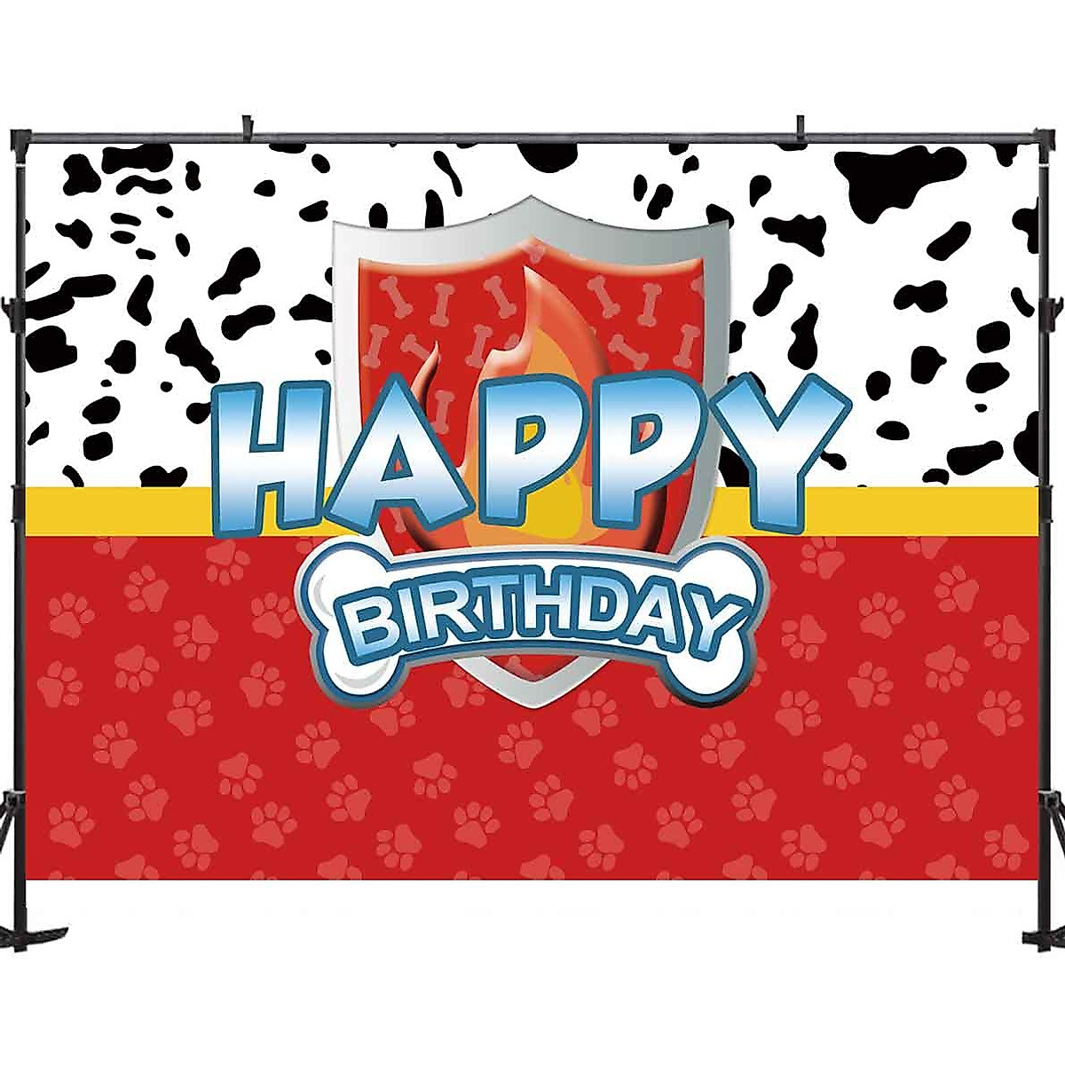 7x5ft Dog Patrol Birthday Backdrop Paw Print Red Fire Shield Happy Birthday Banner Decorations Background for Boys Girls Puppy Dog Birthday Party Cake Table Supplies