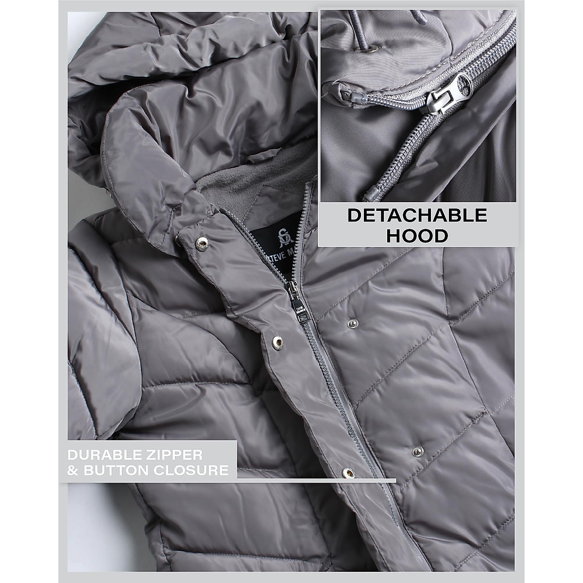 Steve Madden Women's Long Chervron Quilted Outerwear Jacket, Titanium, Large