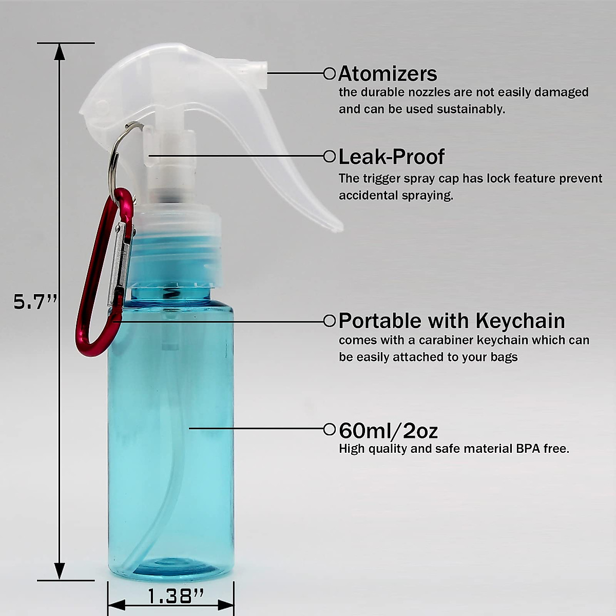 empty spray bottle for hand sanitizer, travel bottle with keychain ,small spray bottle, mini spray bottle, empty spray bottle with leak-proof and refillable, 5pcs（2oz/60ml）