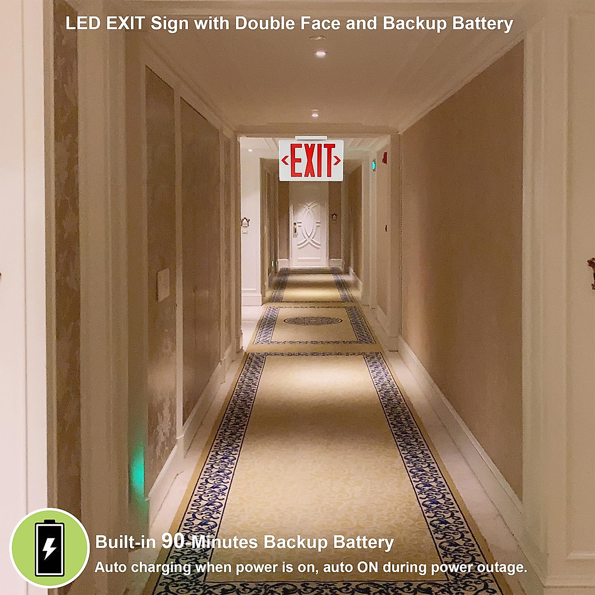 GRUENLICH LED EXIT Sign, Emergency Light with Double Face and Back Up Batteries- US Standard Red Letter EXIT, UL 924 Qualified, 120-277 Voltage, 1-Pack