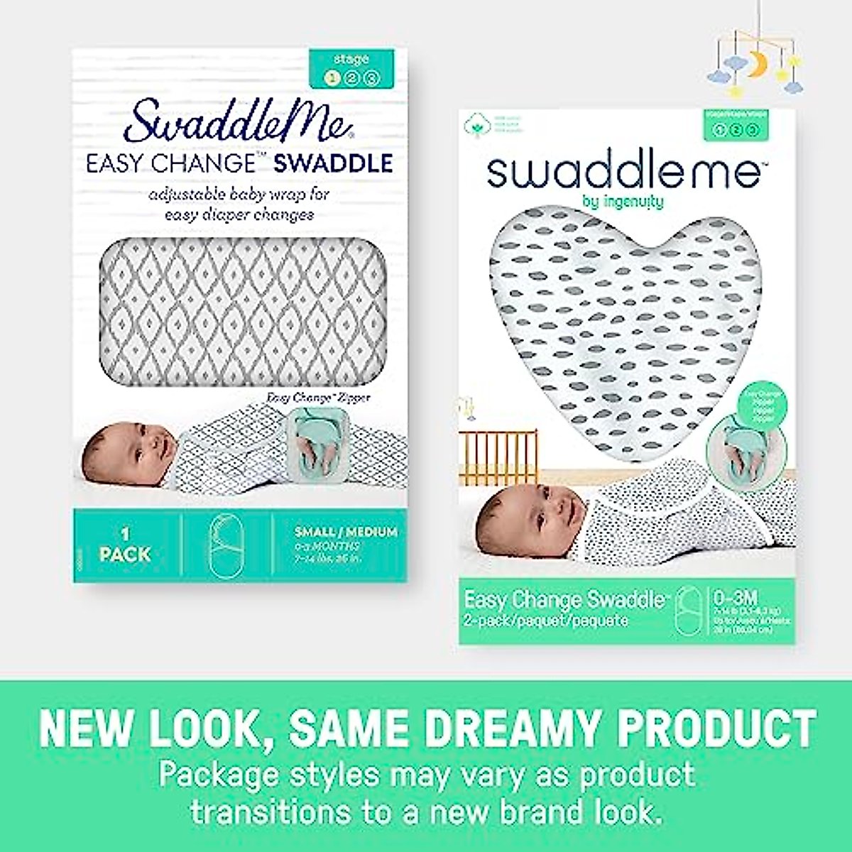 SwaddleMe by Ingenuity Easy Change Swaddle in Size Small/Medium, For Ages 0-3 Months, 7-14 Pounds, Up to 26 Inches Long, 3-Pack Baby Swaddle with Easy Change Zipper