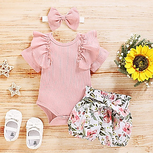 Dimoybabe Newborn Baby Girl Clothes Summer Infant Outfit Cute Ruffle Romper Short Set Solid Pink 3-6 Months 80cm