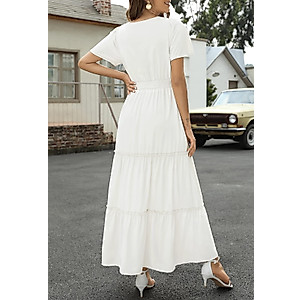Zattcas Womens 2025 Long Summer Dress Casual Short Flutter Sleeve V Neck Smocked Waist Tiered Flowy Modest Solid Boho Maxi Dress White M