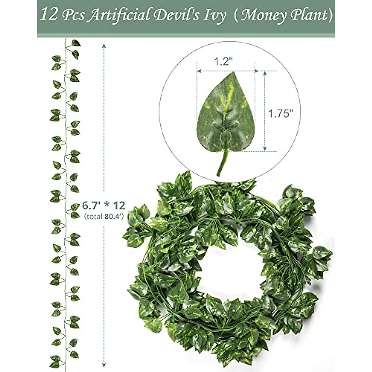 JACKYLED 80Ft 12 Pack Artificial Devil's Ivy Garland with 80 LED String Light, Fake Pothos Plant Vines,Houseplants, Hanging Plant Vines for Bedroom Garden Party Wall Decor