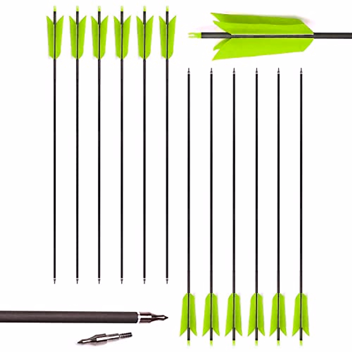 Lamehfyo 31" Carbon Arrows Target Flu-Flu Arrows Spine 500 Hunting and Target Practice Arrows with 4pcs Turkey Feathers for Small Game Hunting Shooting (6pcs, Green)