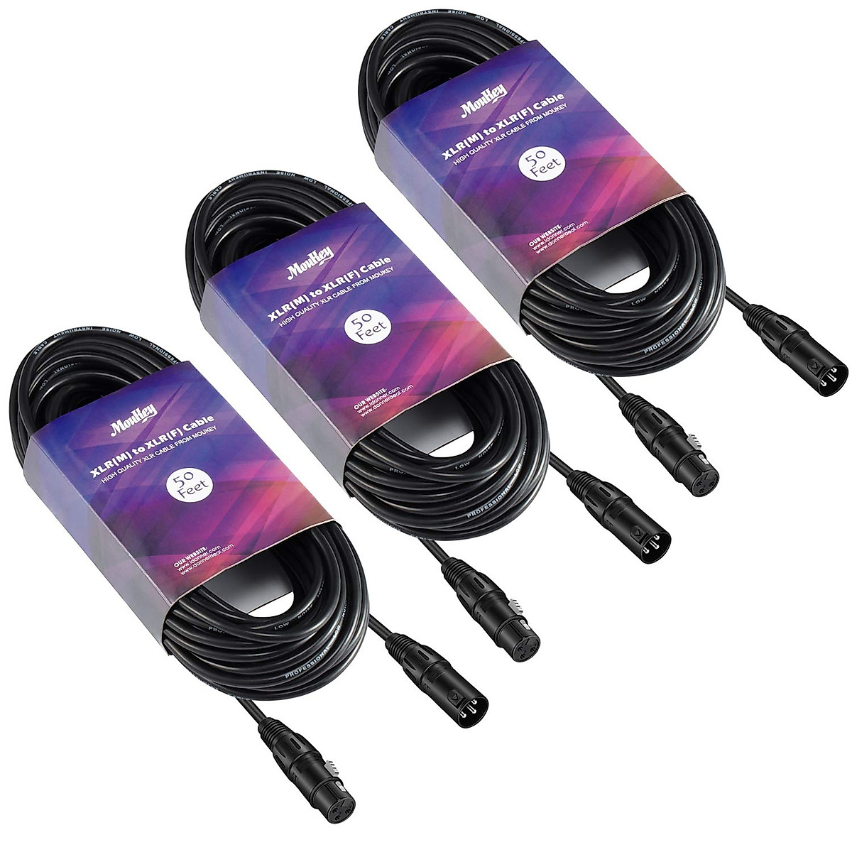 Moukey, 50ft XLR 50 Feet Microphone Male to Female Mic Cables Cord, Black 3-Pack