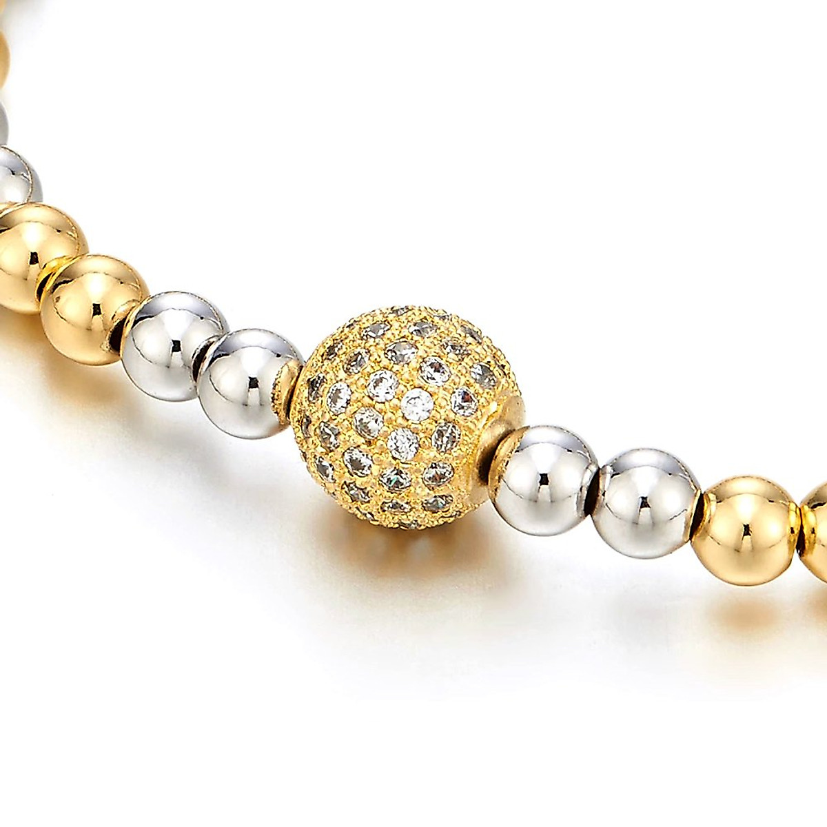 COOLSTEELANDBEYOND Beautiful Gold Silver Two-Tone Beads Bracelet for Women with Cubic Zirconia Ball