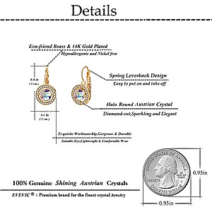 Austrian Crystal Halo Round Drop Leverback Earrings for Women 14K Rose Gold Plated Hypoallergenic Jewelry (Aurora Borealis)