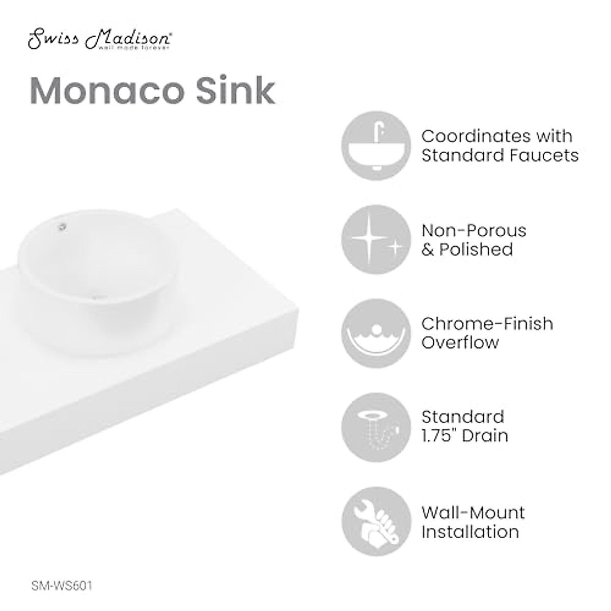 Monaco 36" Floating Bathroom Shelf with Vessel Sink in Glossy White