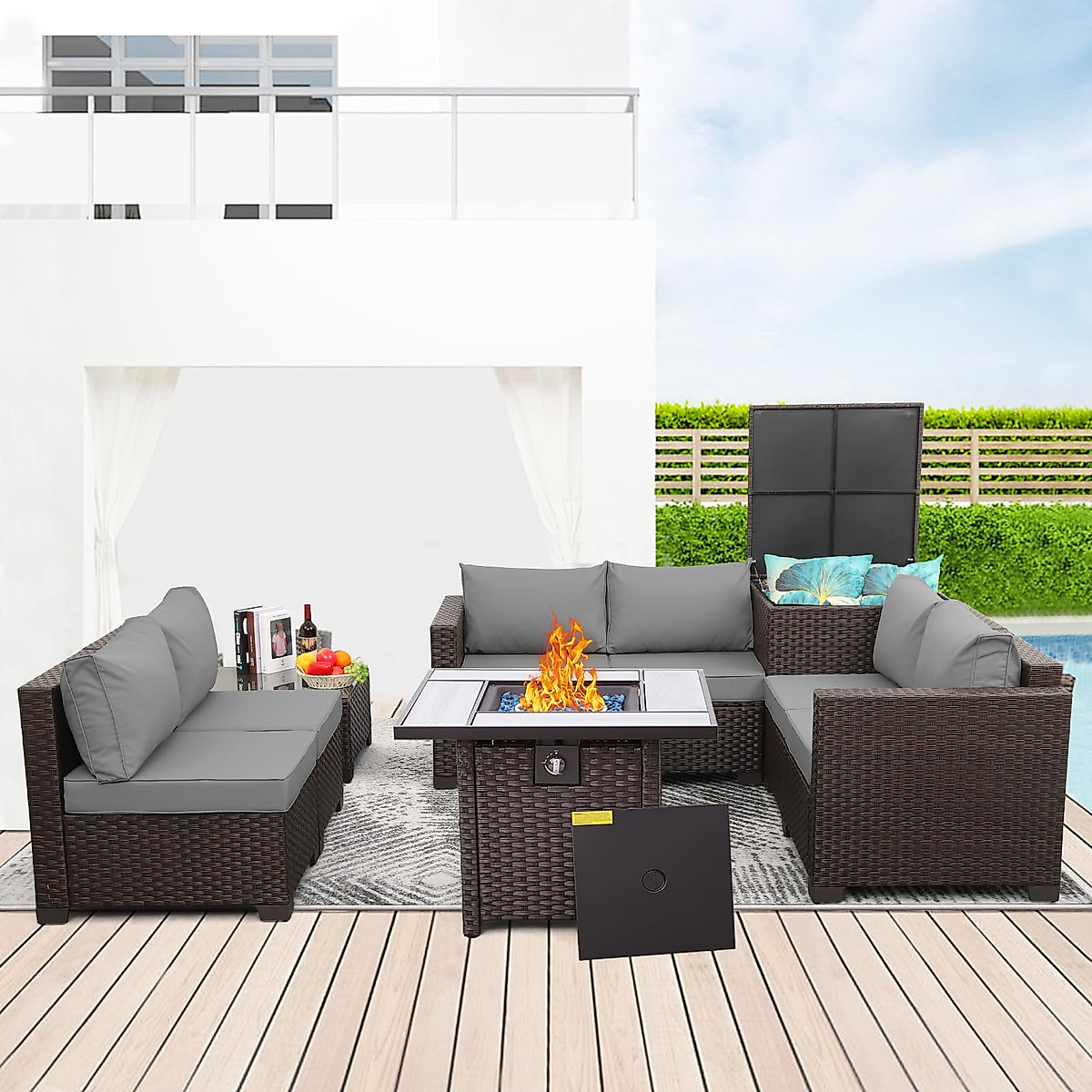 WAROOM 7 Pieces Patio Furniture Set PE Wicker Outdoor Brown Rattan Sectional Sofa Loveseat Couch Conversation Sets with Storage Bin Coffee Table and Propane Fire Pit, Anti-Slip Grey Cushion