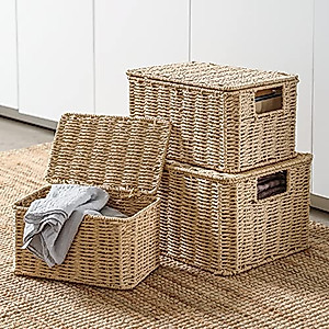 Motifeur Hand-woven Paper Rope Baskets With Lids, Multi-purpose Stackable Utility Organizers (Set of 3, Large 12.6"x9.8"x7.3", Medium 11.8"x7.9"x6.3", Small 9.8"x5.9"x5.5", Natural/Beige)